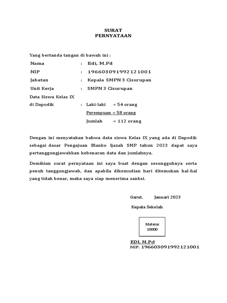 Surat Pernyataan Ks Pengajuan Blanko Ijazah 2-1 | PDF
