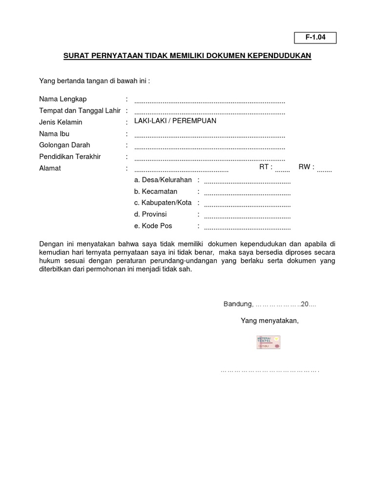 Formulir F-1.04 Pernyataan Tidak Memiliki Dokumen Kependudukan | PDF