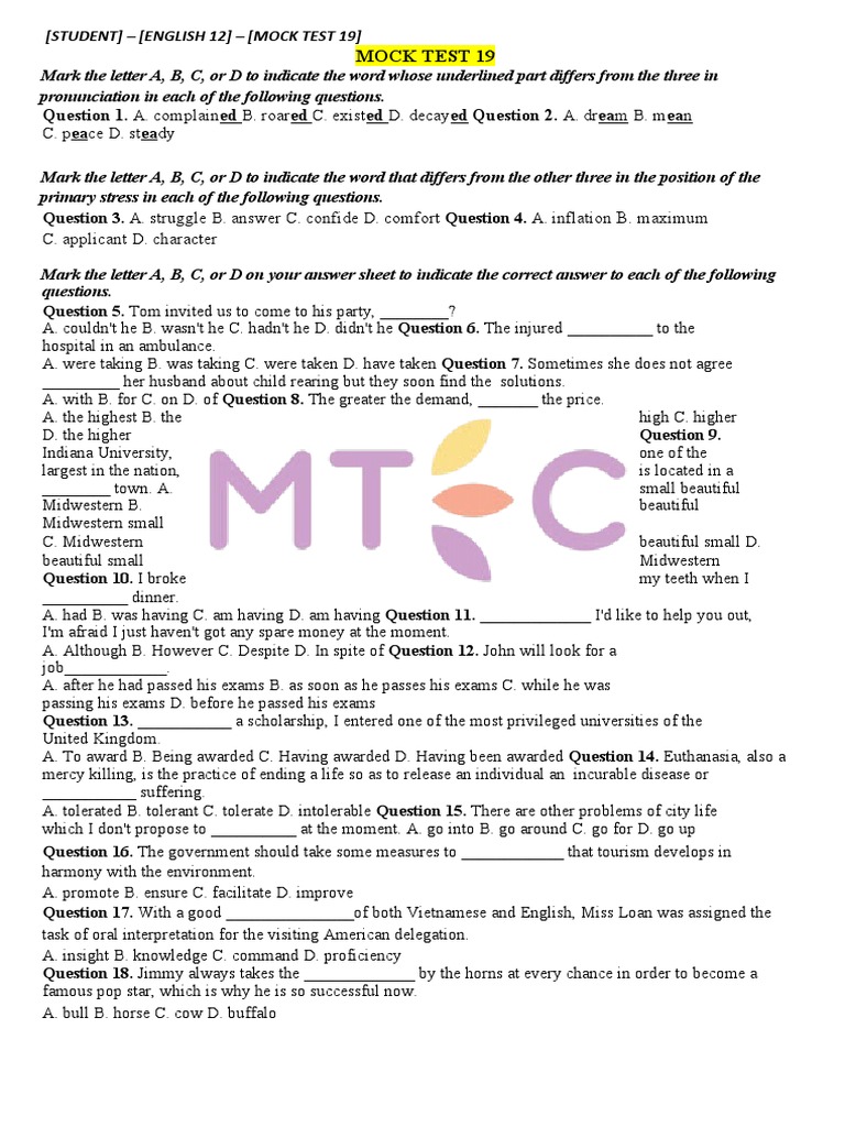 Mock Test 19 - English 12 Practice Test with Reading Comprehension and ...