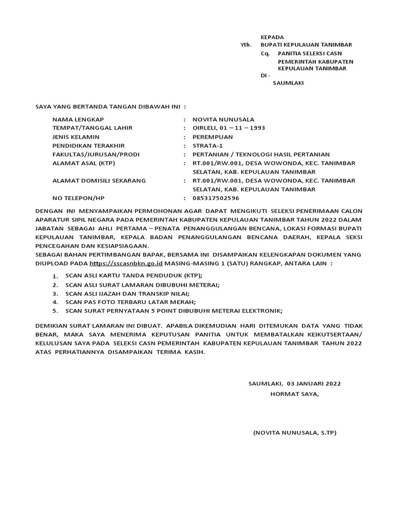 Lamaran Casn Win Dan Alen | PDF