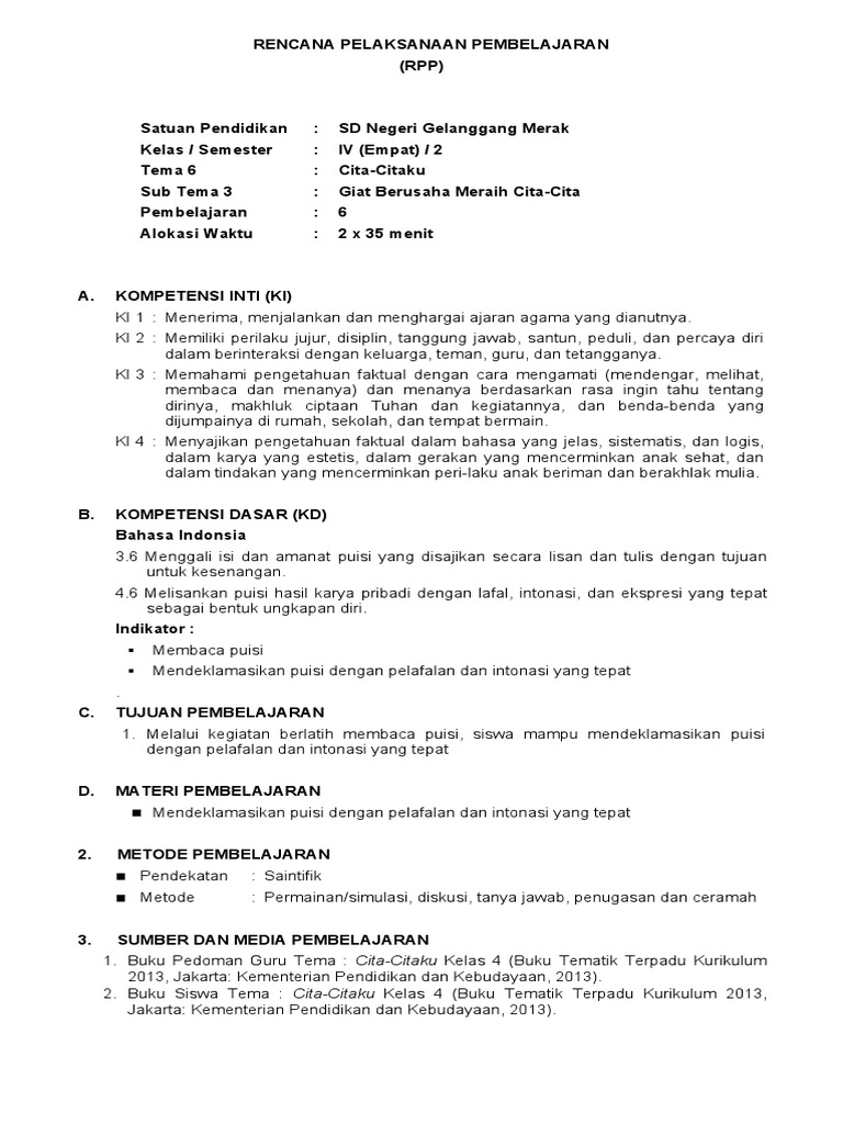 RPP KLS 4 Tema 6 Sub Tema 3 PB 6 | PDF