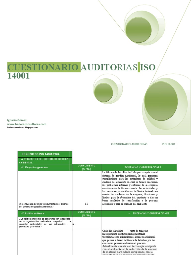 Check List Cuestionario Auditoria ISO 14001-1 | PDF | Auditoría ... Check List Cuestionario Auditoria ISO 14001-1 | PDF | Auditoría ...