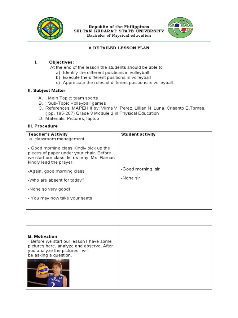Detailed Lesson Plan in Grade 8 Physical Education | PDF | Volleyball