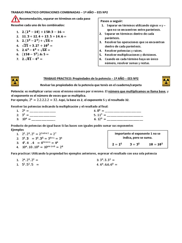 Operaciones combinadas: raíces, potencias, sumas y restas | PDF | Multiplicación | Exponenciación