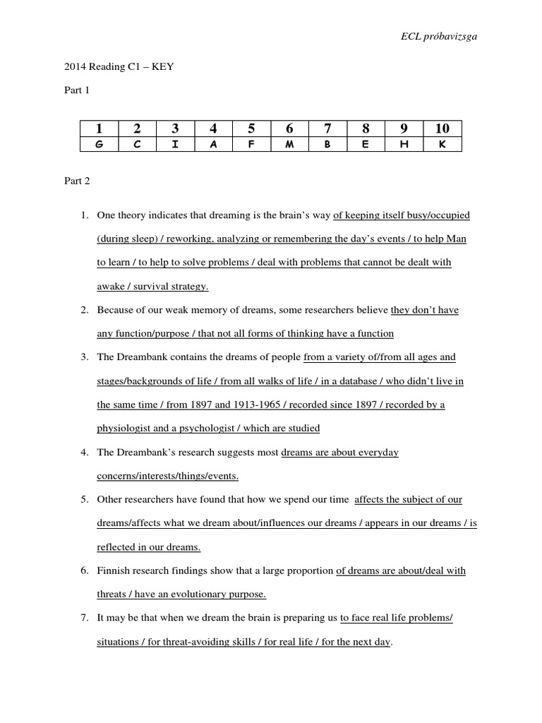 ECL C1 Reading Key | PDF | Dream | Brain