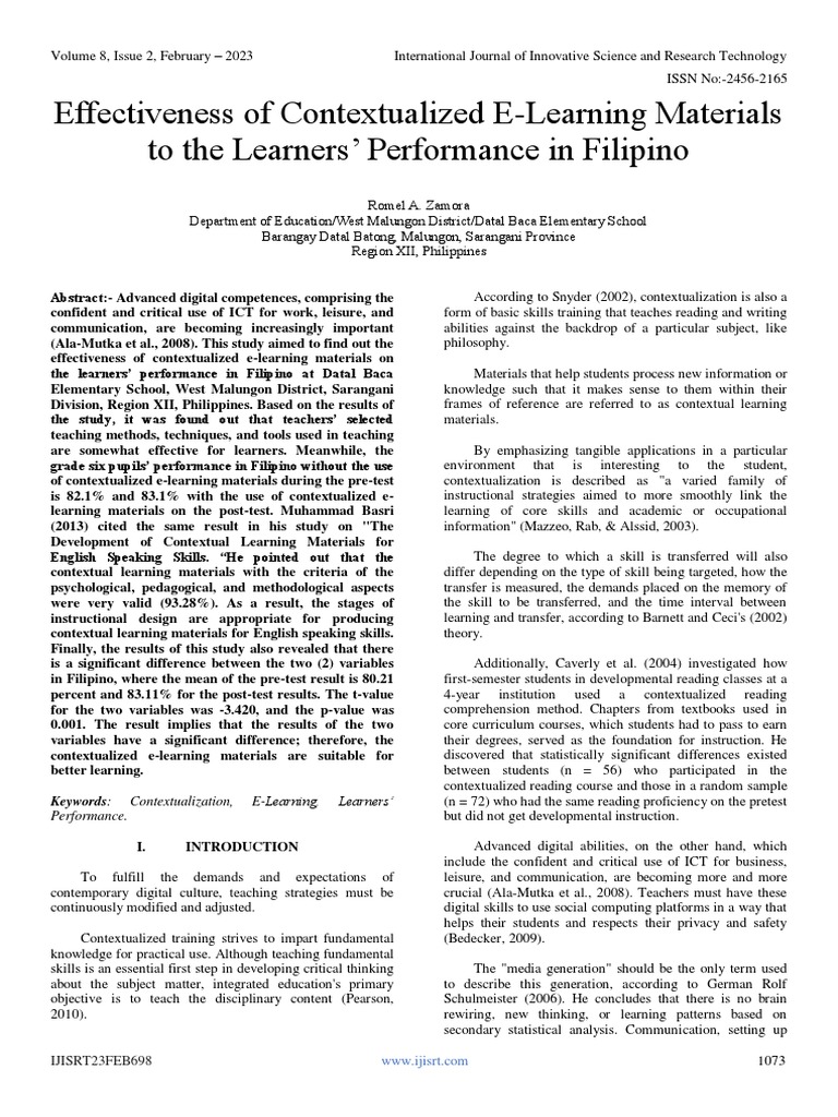Effectiveness of Contextualized E-Learning Materials To The Learners ...