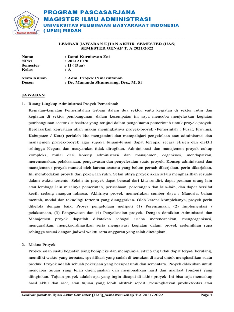 Administrasi Proyek Pemerintahan - 202121070 - Romi Kurniawan Zai | PDF