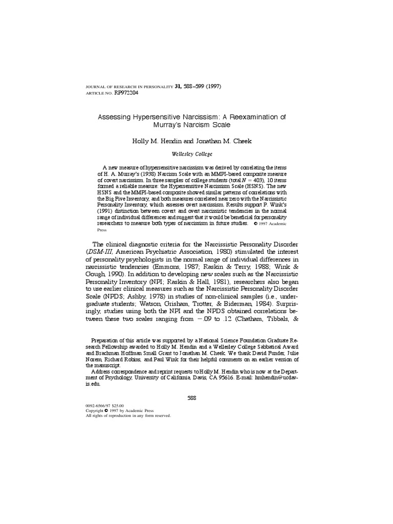 Assessing Hypersensitive Narcissism: A Reexamination of Murray's Narcism Scale | PDF ...