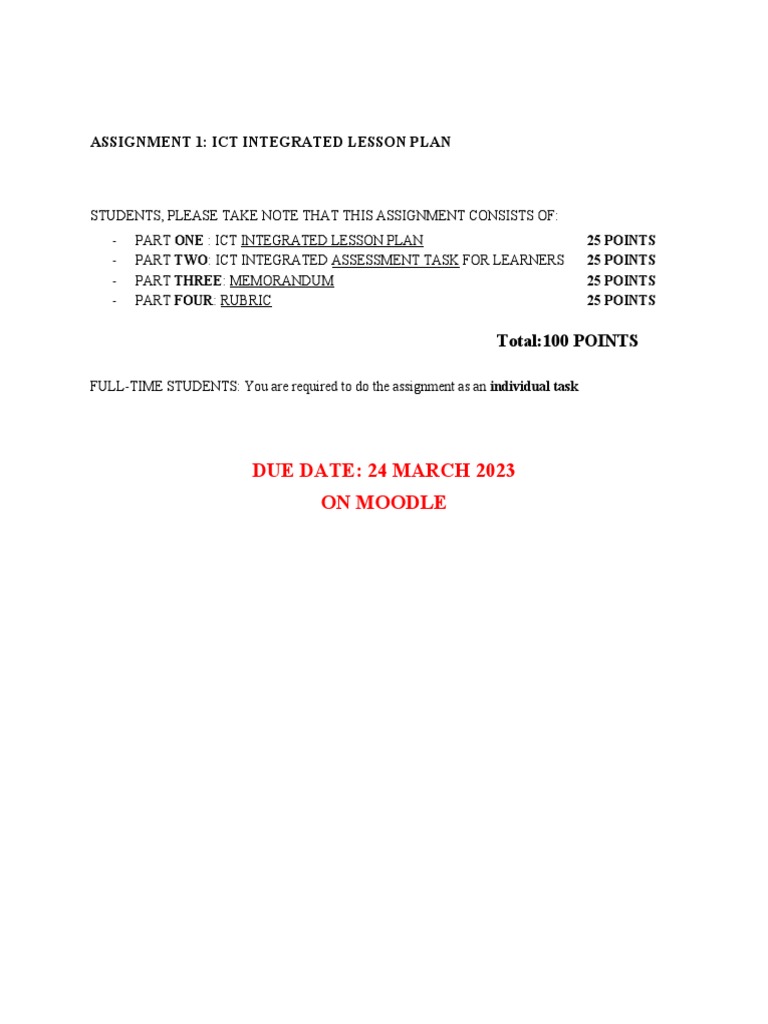 Due Date: 24 March 2023 On Moodle: Assignment 1: Ict Integrated Lesson Plan | PDF | Educational ...