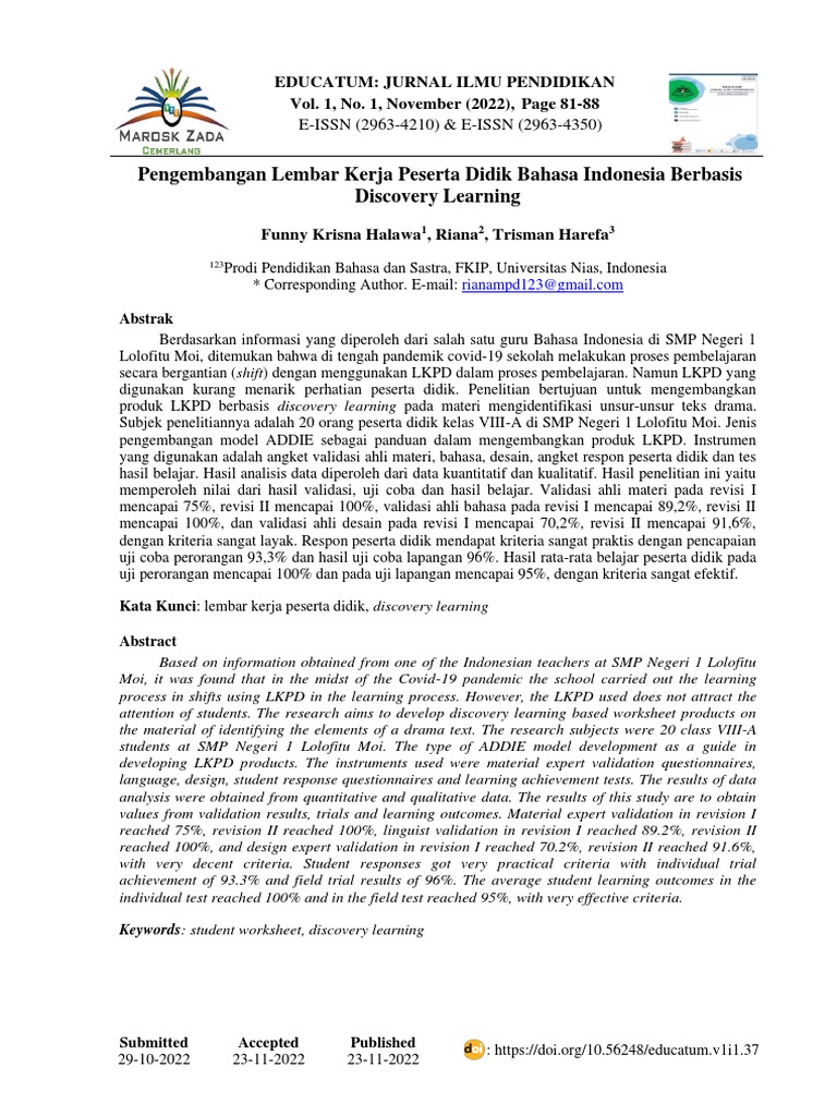 Pengembangan Lembar Kerja Peserta Didik Bahasa Indonesia Berbasis Discovery Learning | PDF