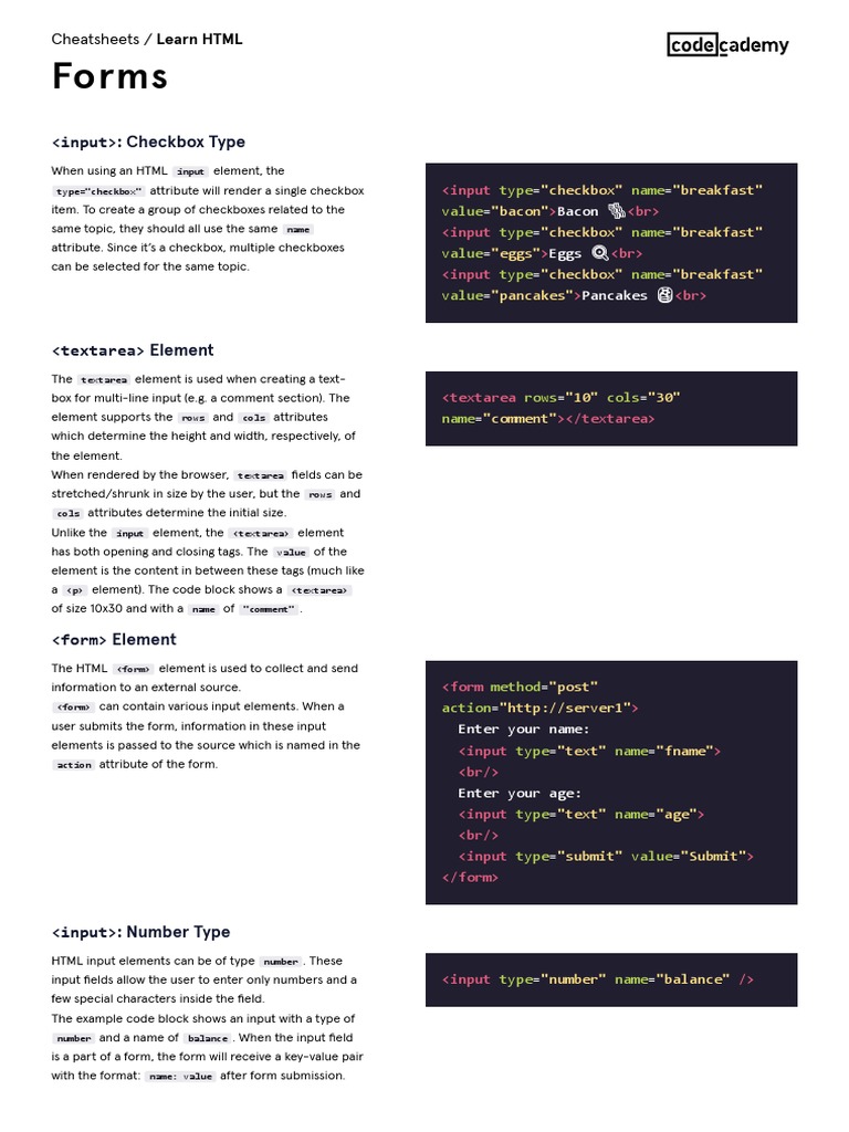 Learn HTML - Forms Cheatsheet - Codecademy | PDF | Html Element | Html