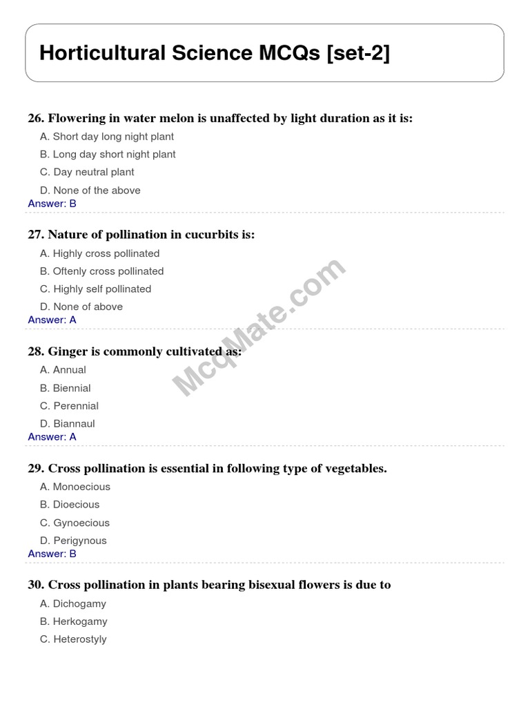 Horticultural Science Solved MCQs (Set-2) | PDF | Pollination | Seed Horticultural Science Solved MCQs (Set-2) | PDF | Pollination | Seed