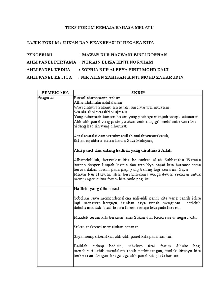 Teks Forum Remaja Bahasa Melayu | PDF