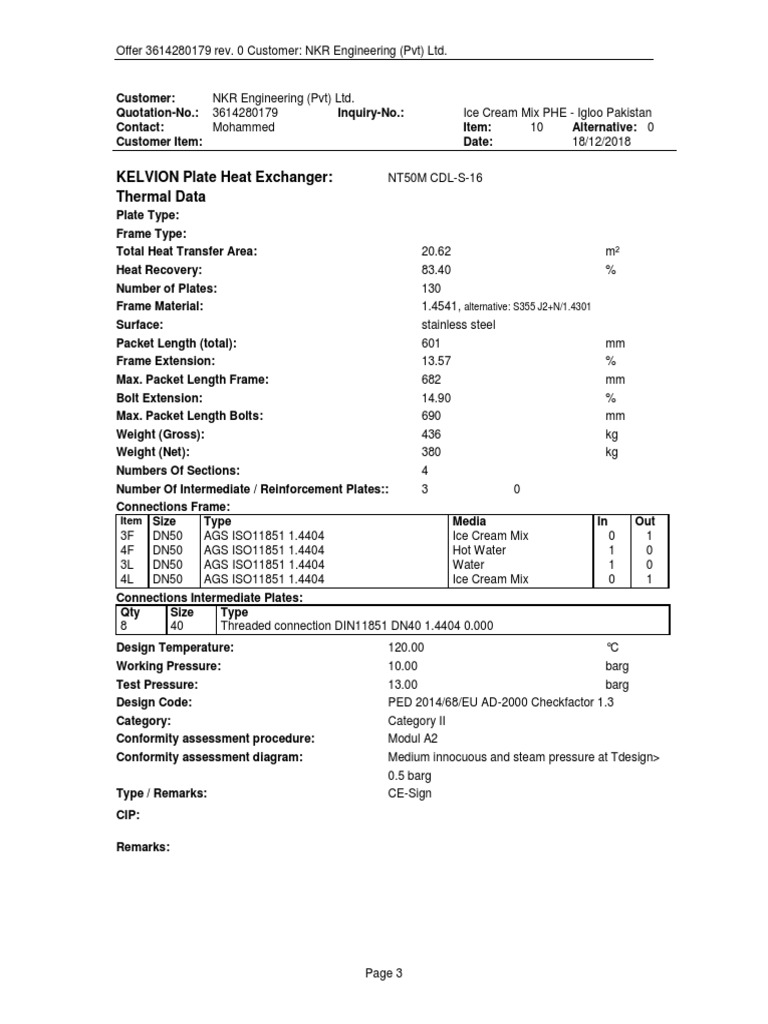 PHE - 4 Section For Ice Cream Mix | PDF | Heat Exchanger | Viscosity