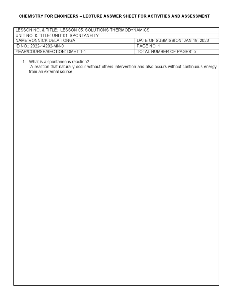 CFE - Assesment Sheet | PDF | Entropy | Chemistry