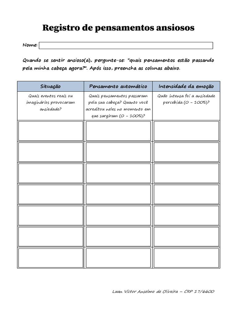 Registro de Pensamentos Disfuncionais - PDF Editável | PDF