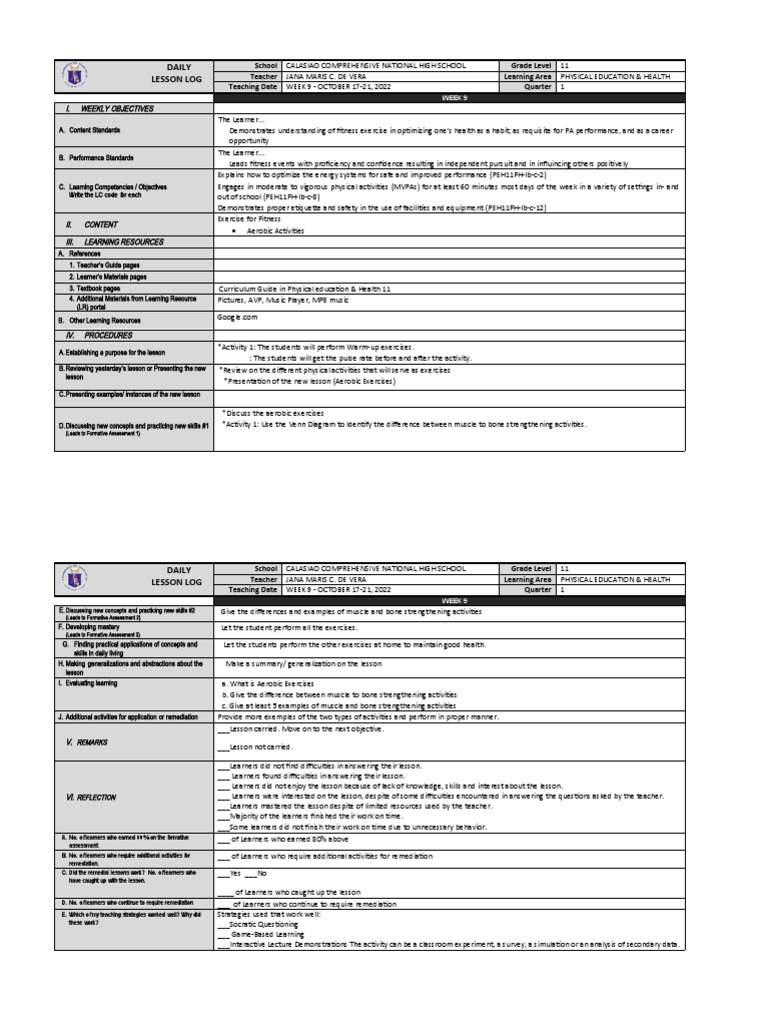 Week 9 Physical Education Lesson Plan | PDF | Learning | Teachers