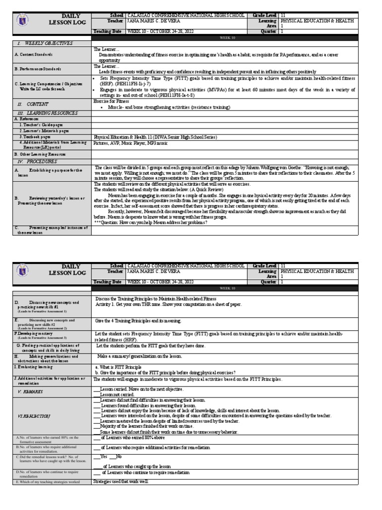 DLL Peh 11 - 1st QTR - Week 10 | PDF | Learning | Physical Fitness