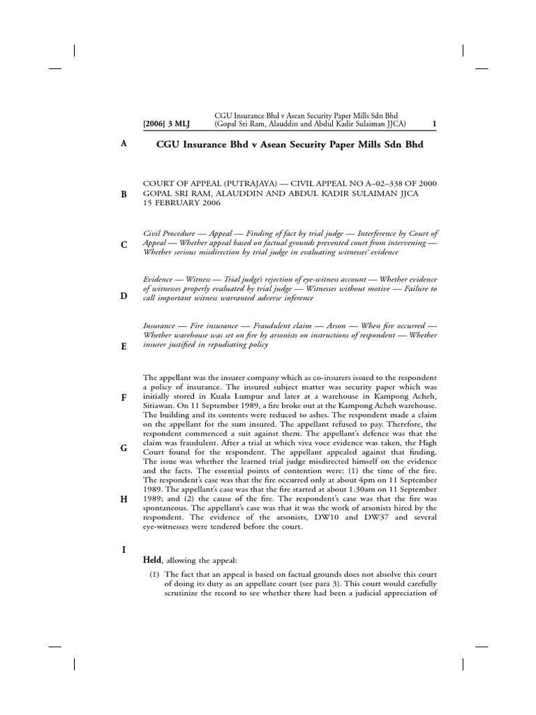 CGU Insurance BHD V Asean Security Paper Mills SDN BHD | PDF ...