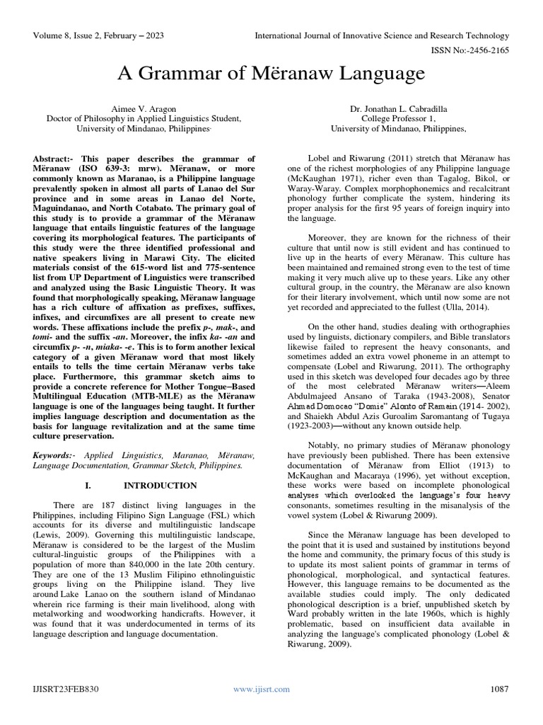 A Grammar of Mëranaw Language | PDF | Noun | Morphology (Linguistics)