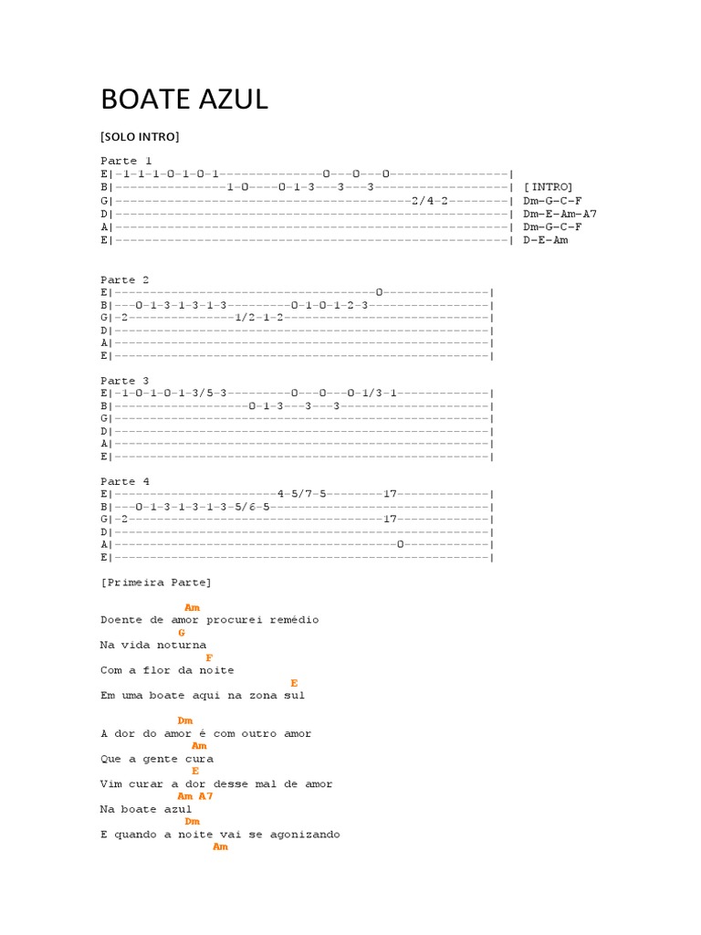 Partitura de guitarra e letra da música 'Boate Azul' | PDF