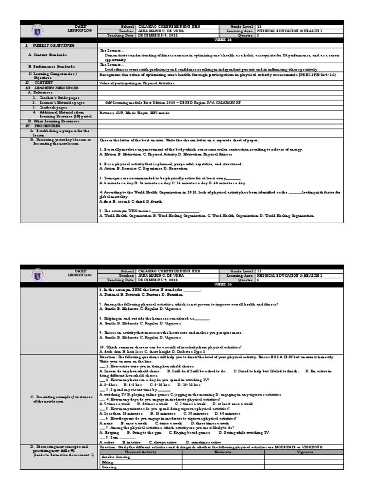 DLL PEH 11 - 2nd QTR - Week 16 | PDF