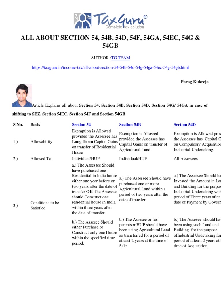 All About Section 54, 54B, 54D, 54F, 54GA, 54EC, 54G & 54GB - Taxguru - in | PDF | Capital Gains ...