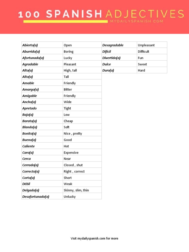 100 Common Spanish Adjectives | PDF | Cooking, Food & Wine