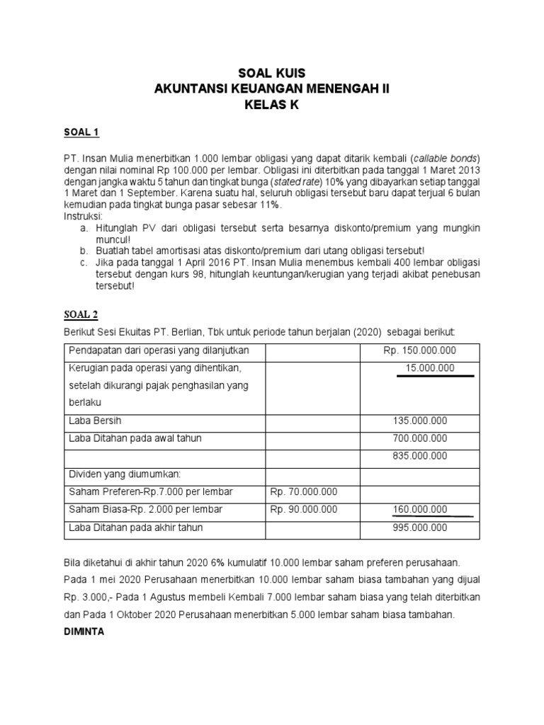 SOAL KUIS AKM II Kelas F | PDF | Pengelolaan Keuangan & Uang