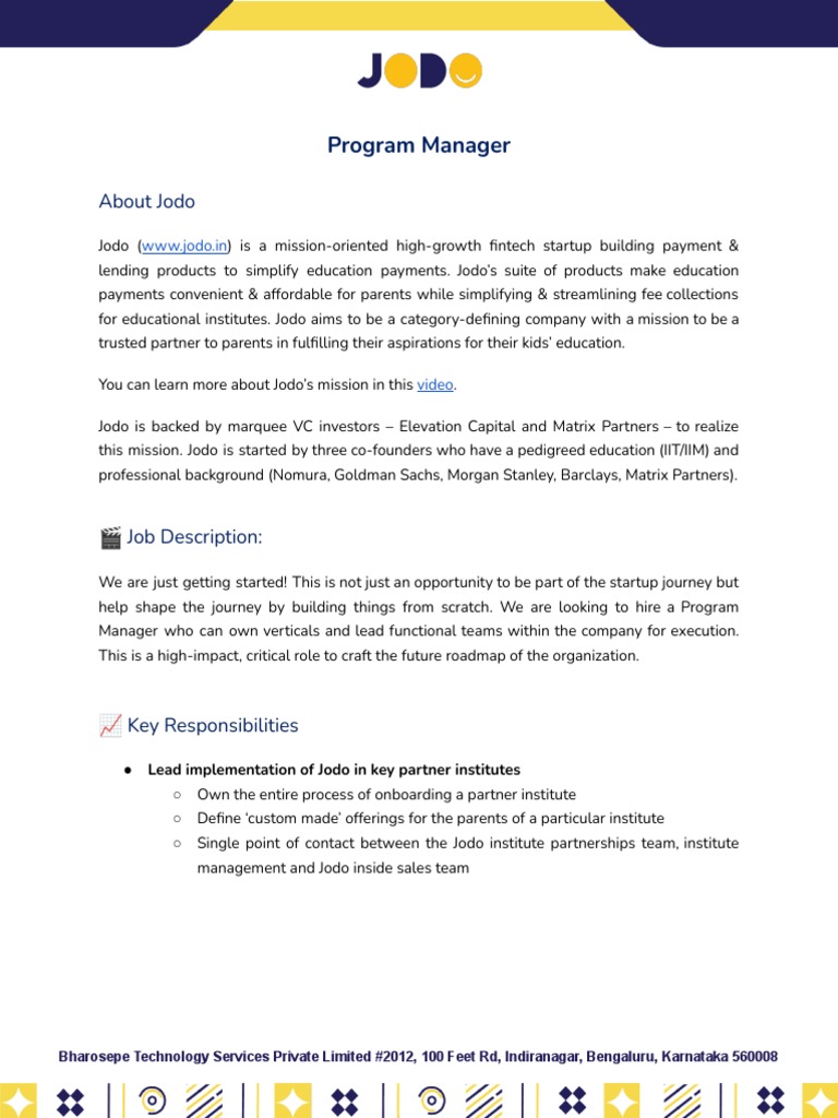 Jodo - Program Manager JD | PDF | Startup Company | Small Business & Entrepreneurs