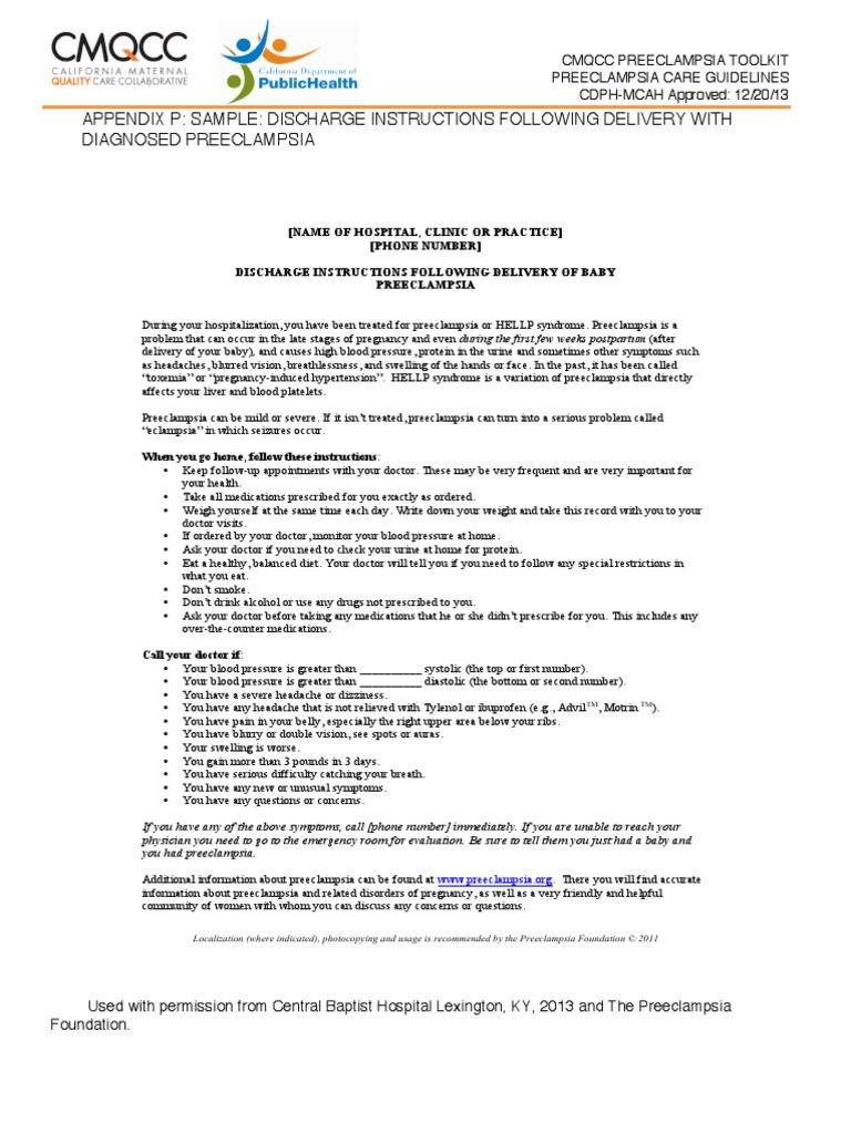 APPENDIX P SAMPLE Discharge Instructions Following Delivery With ...