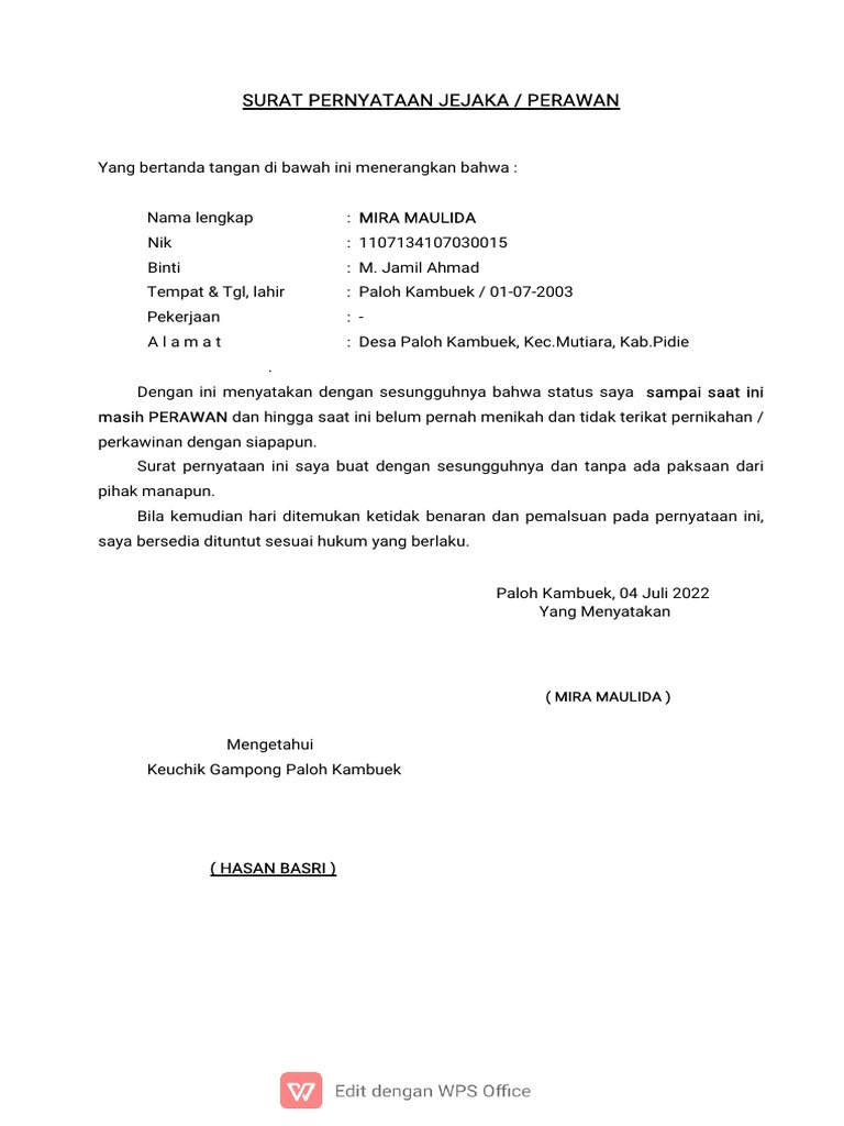 Surat Keterangan Perawan Mira Maulida | PDF