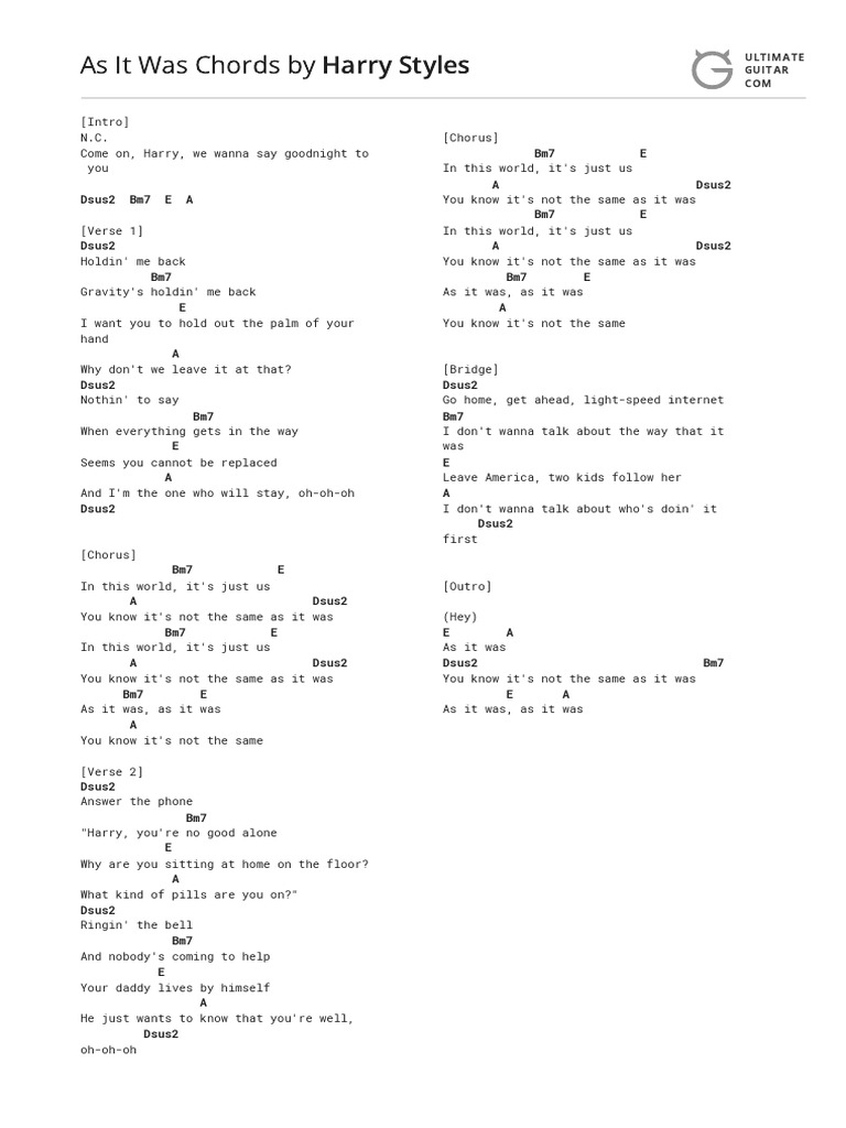 As It Was Chords - Harry Styles | PDF | Song Structure | Oral Literature
