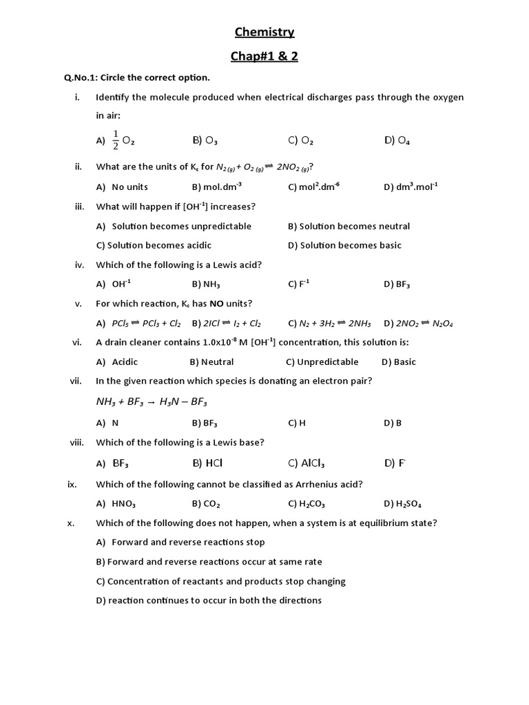 Chemistry Test Chap 1 & 2 | PDF | Chemical Equilibrium | Acid