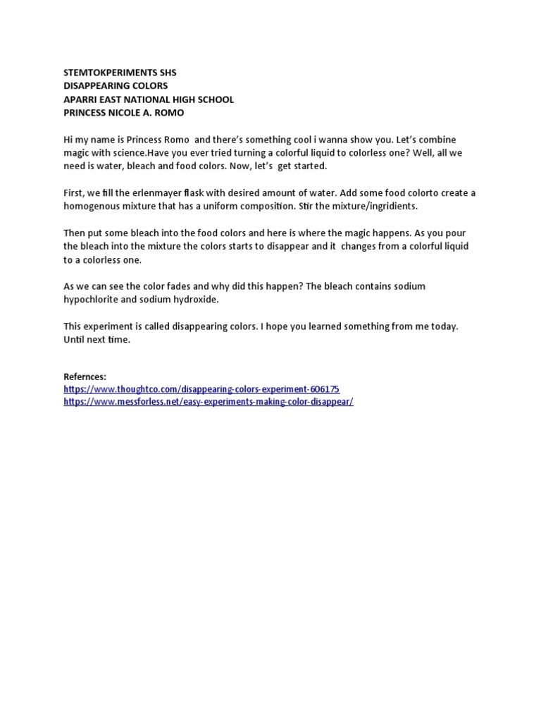 Disappearing Colors Experiment Guide | PDF