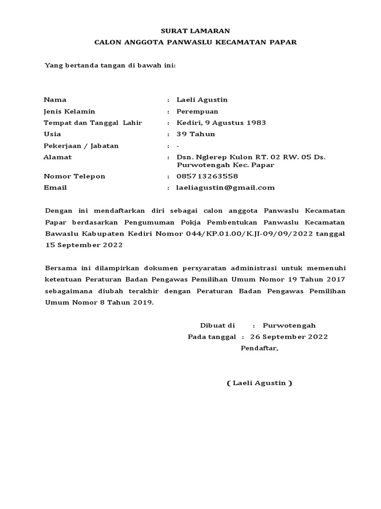 Surat Lamaran Calon Anggota Panwaslu Kecamatan | PDF Surat Lamaran Calon Anggota Panwaslu Kecamatan | PDF