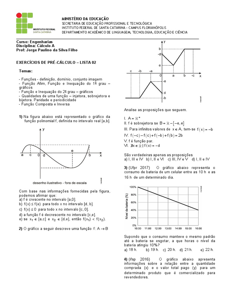 Exercícios de Pré-Cálculo sobre Funções do 1o e 2o Grau, suas Gráficos ...