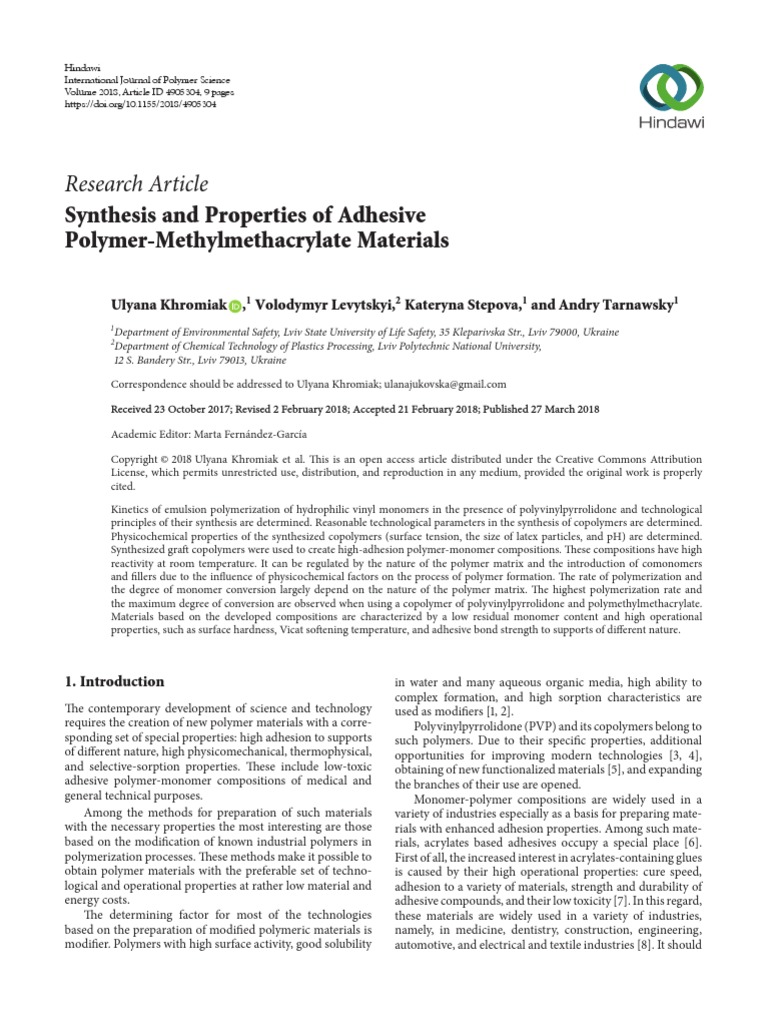 Research Article: Synthesis and Properties of Adhesive Polymer ...