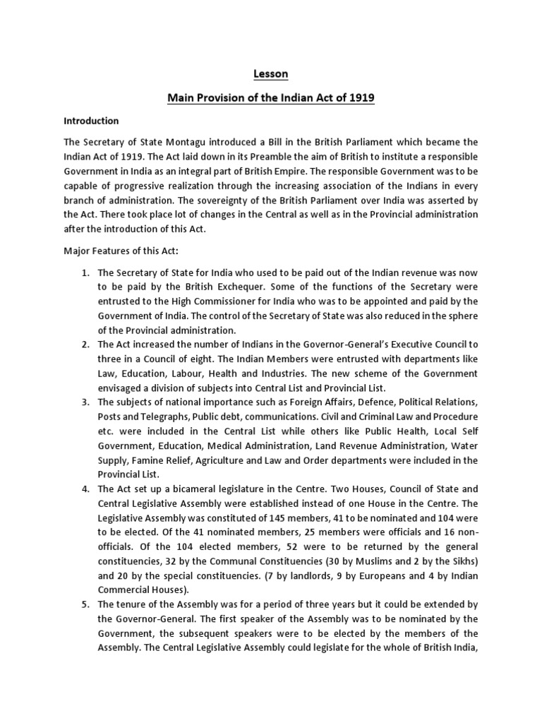 Mid Topic - India Act 1919 | PDF | British Raj | Legislature
