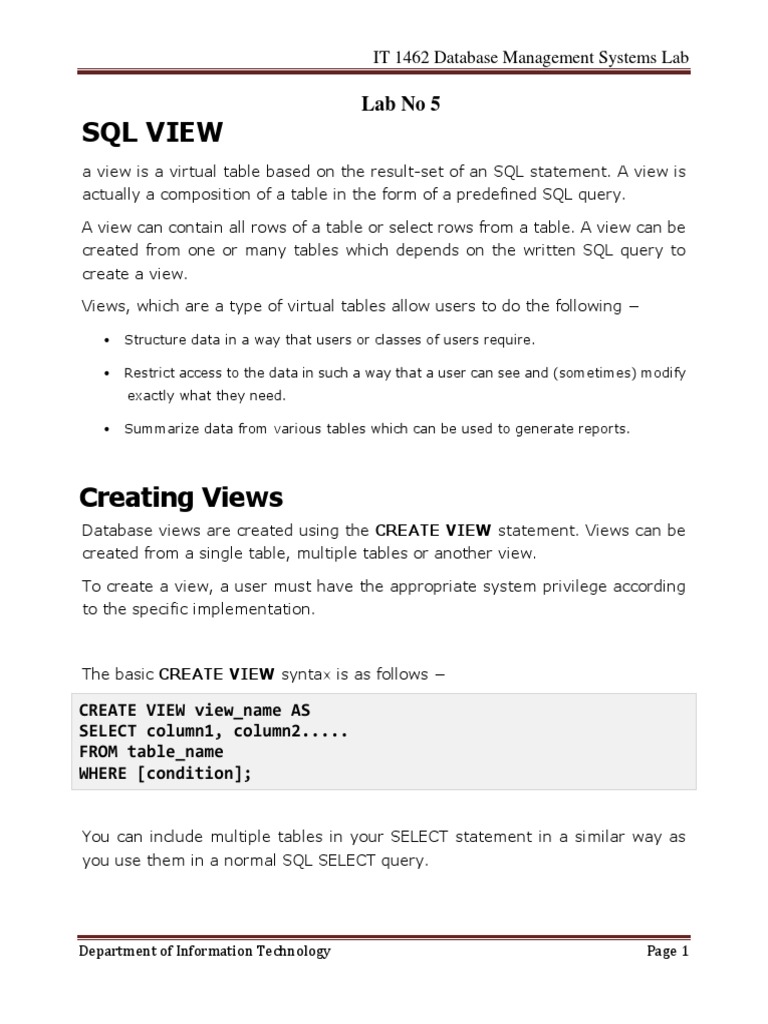 Dbms Lab Class 5 My Sql View 1 Pdf Databases Sql 8001