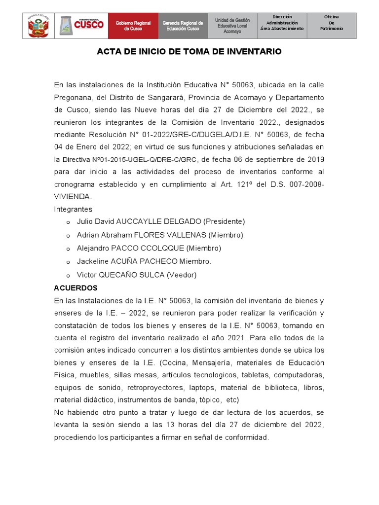 Inventario 2022 en I.E. N° 50063 Cusco | PDF | Gobierno