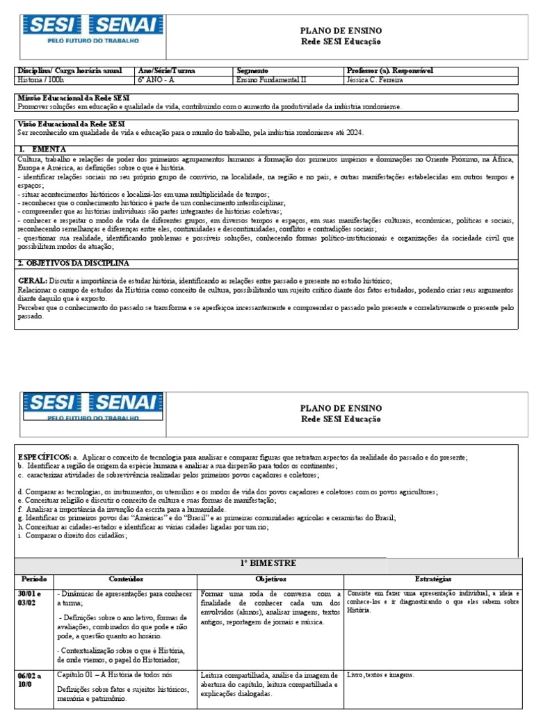 Plano de ensino de História para alunos do 6o ano do Ensino Fundamental II na Rede SESI de ...