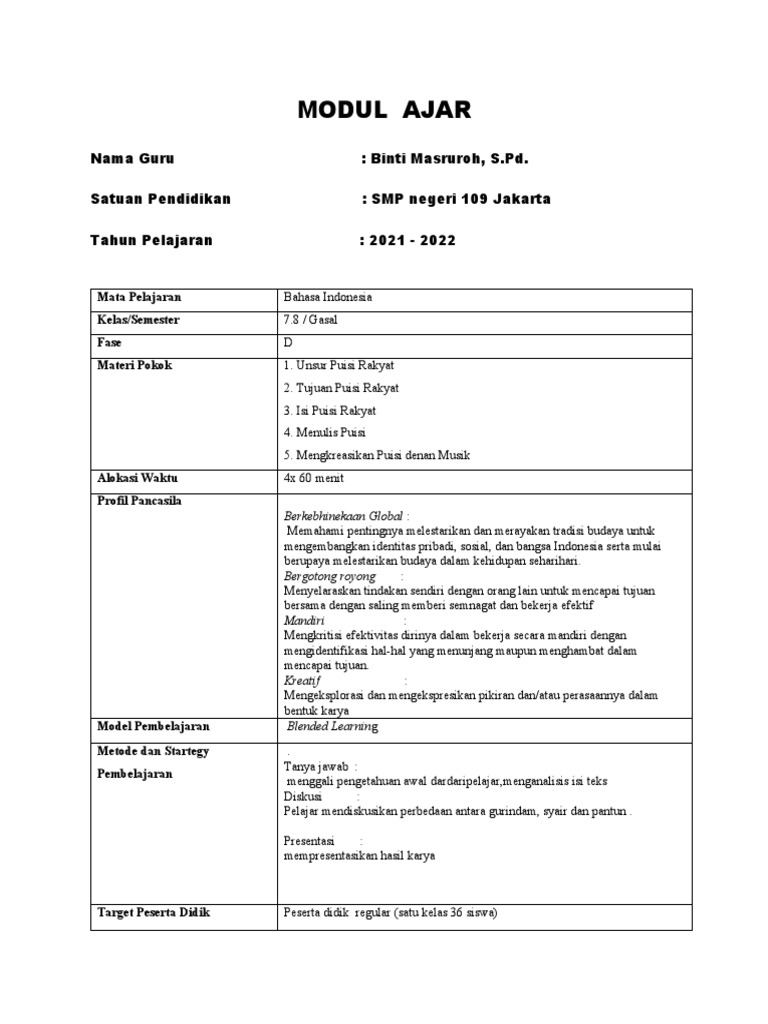 Modul Ajar - Bhs Indonesia Puisi Rakyat (Binti M) | PDF