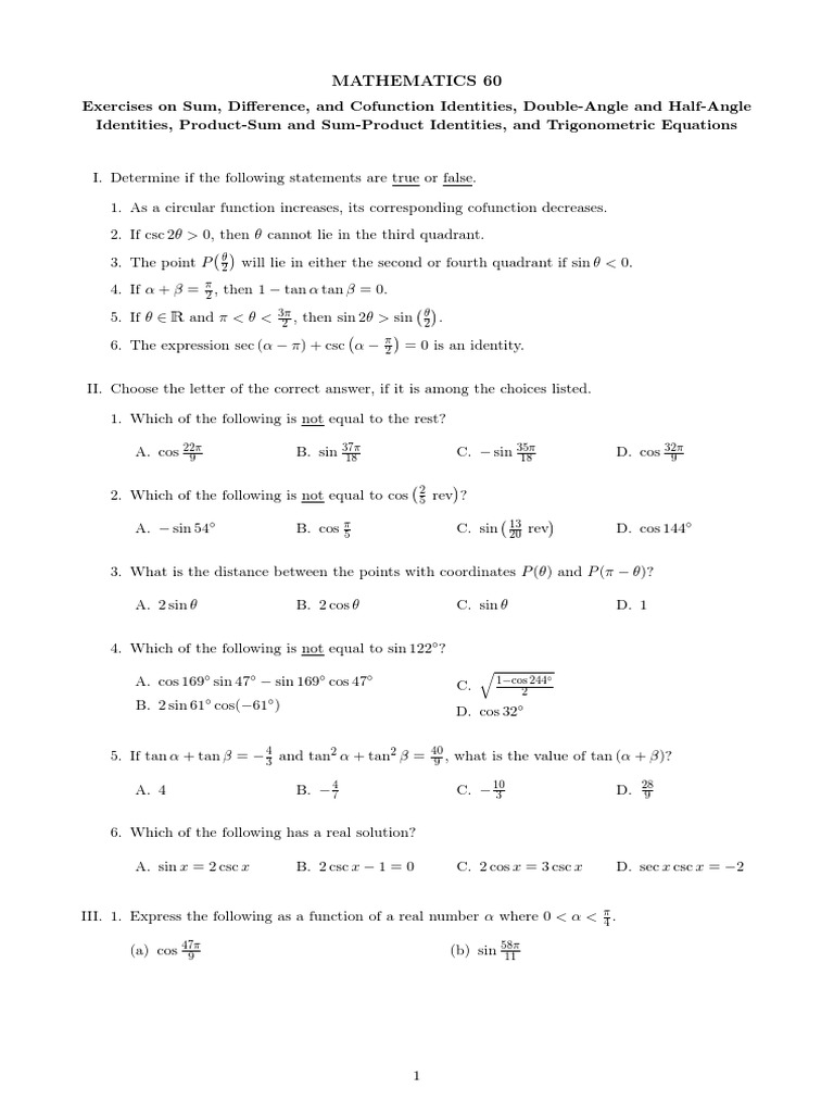 Identities 2 Practice Test | PDF | Trigonometric Functions | Trigonometry