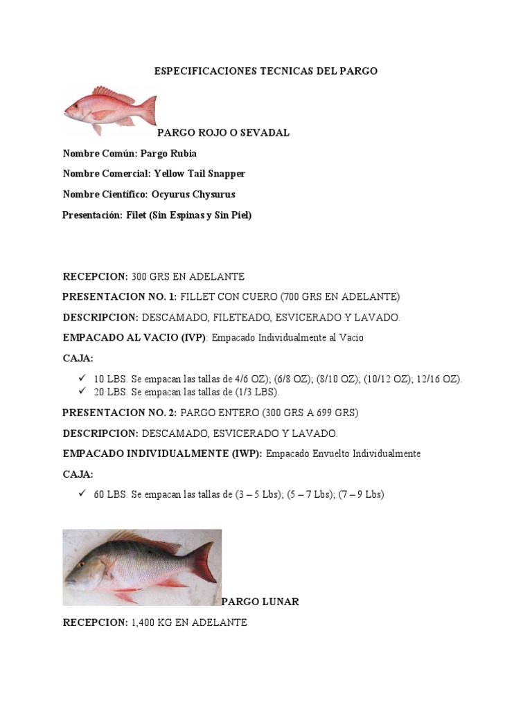 Especificaciones Tecnicas Del Pargo Version 2 | PDF | Cocina, comidas y ...