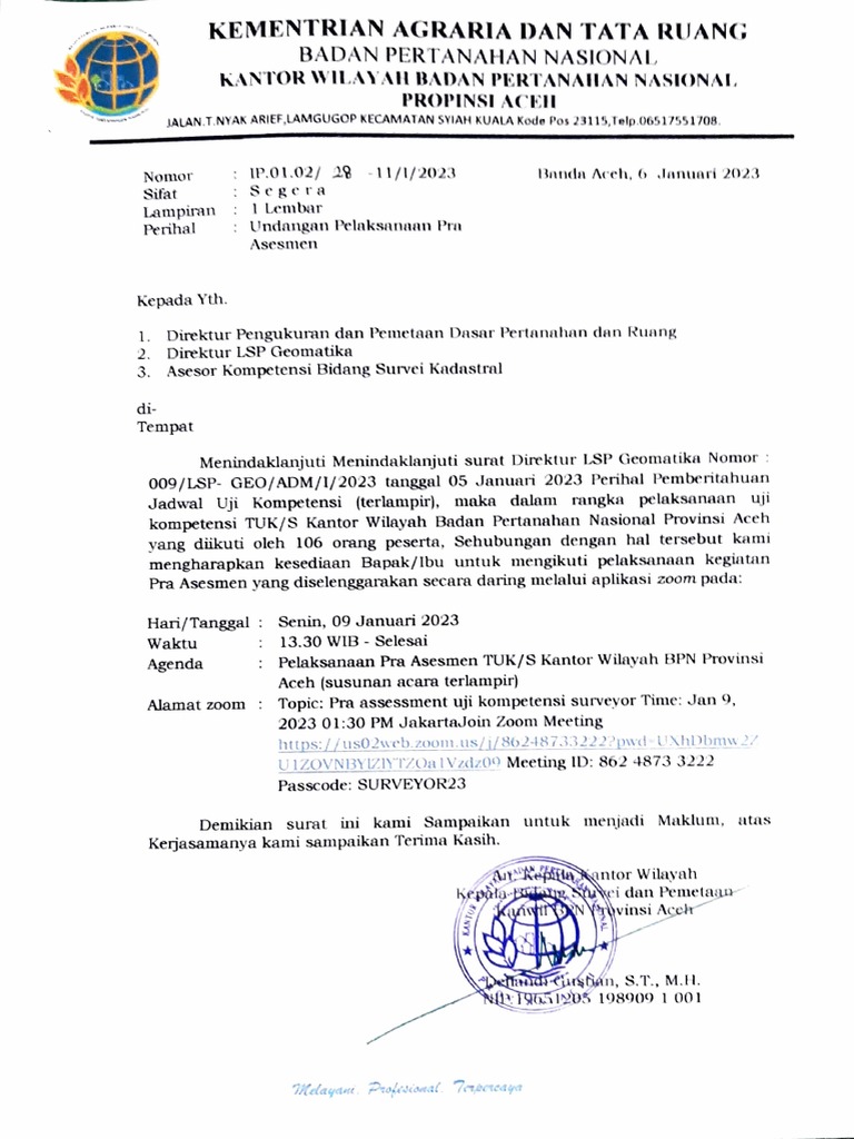 Undangan Pra Asesmen Uji Kompetensi Surveyor Di Kantor Wilayah Bpn Aceh