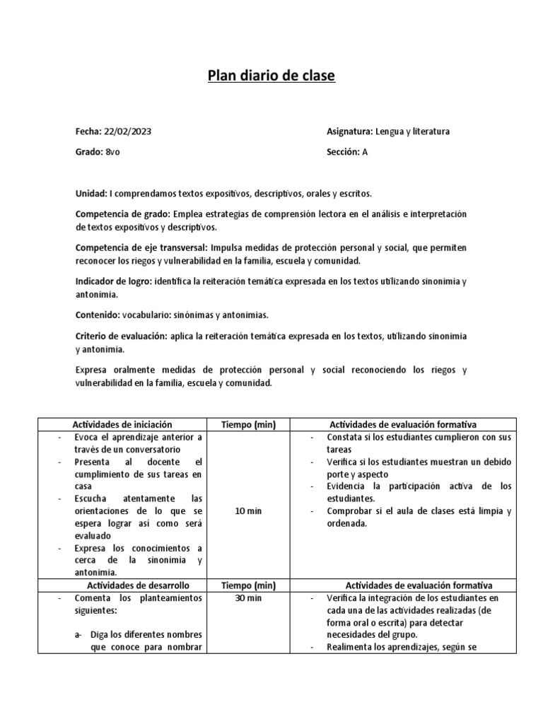 Plan Diario de Clase Ejemplo | PDF | Evaluación | Comprensión lectora