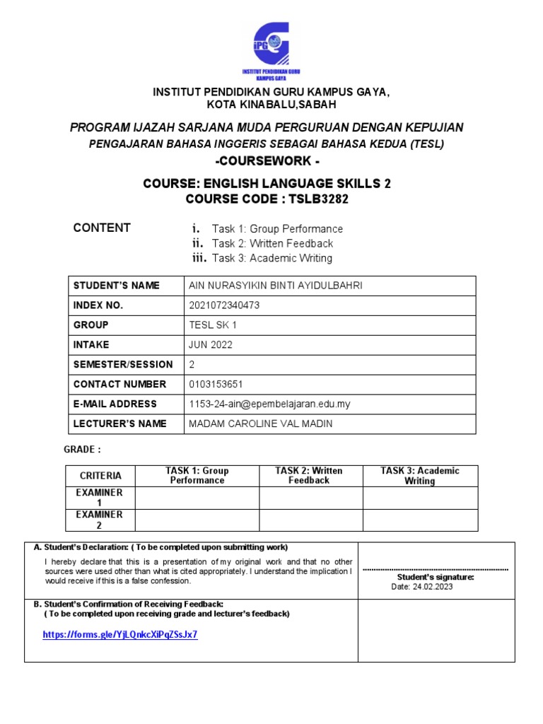 Coursework Cover Page (TSLB3282) | PDF