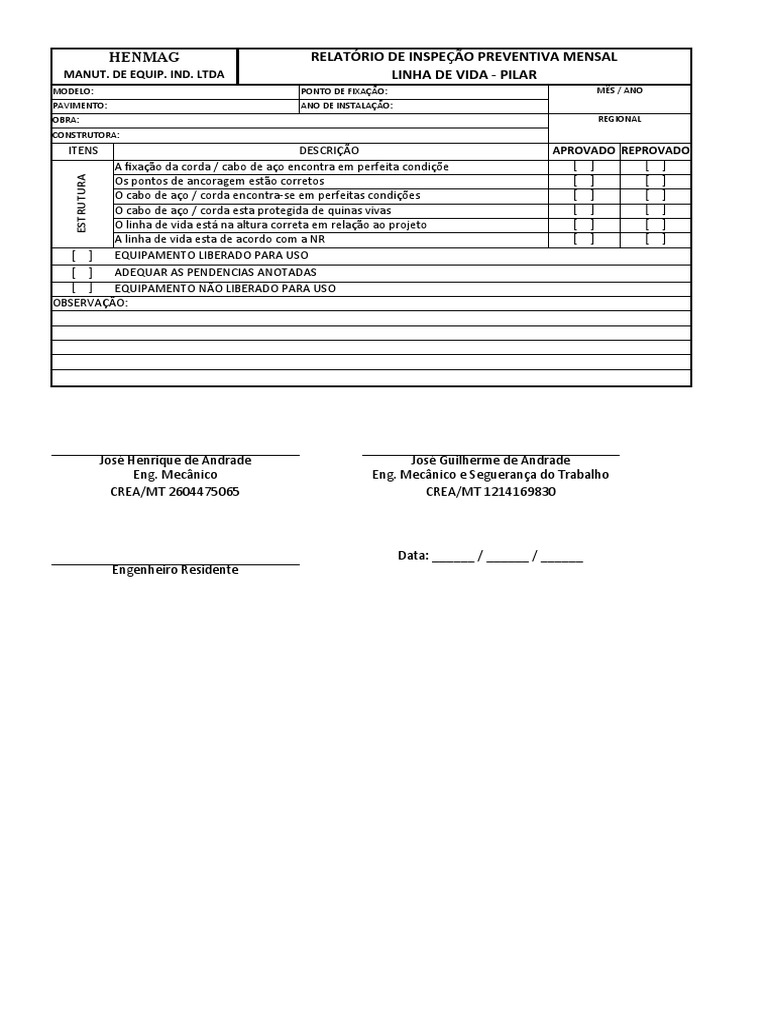 Check List Linha de Vida Pilar | PDF
