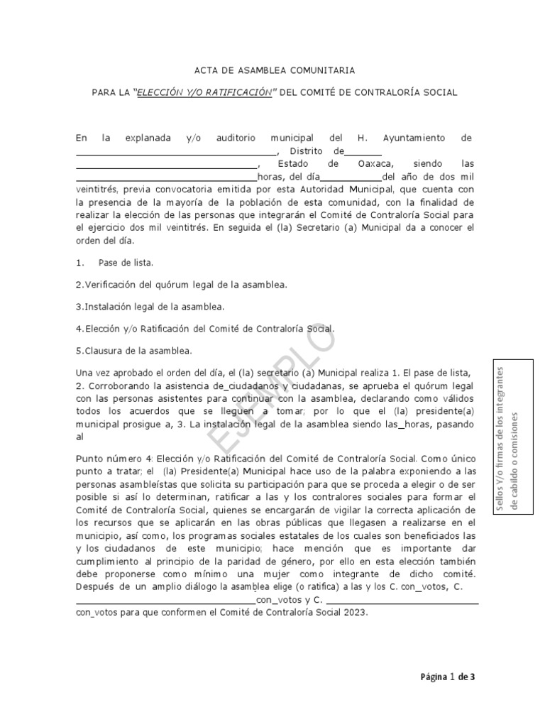 Ok Ejemplo de Acta de Asamblea | PDF | Gobierno local | Concejal